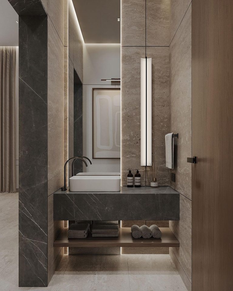 21+ Modern Guest Bathroom Ideas with Tubs and Dark Cabinets - Evinco Design